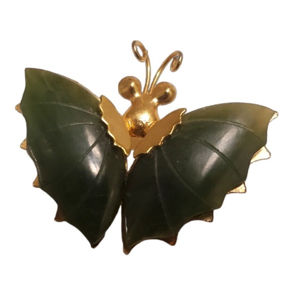 Vintage | Jewelry | Vintage Gold Asian Genuine Jade Wings Butterfly ...